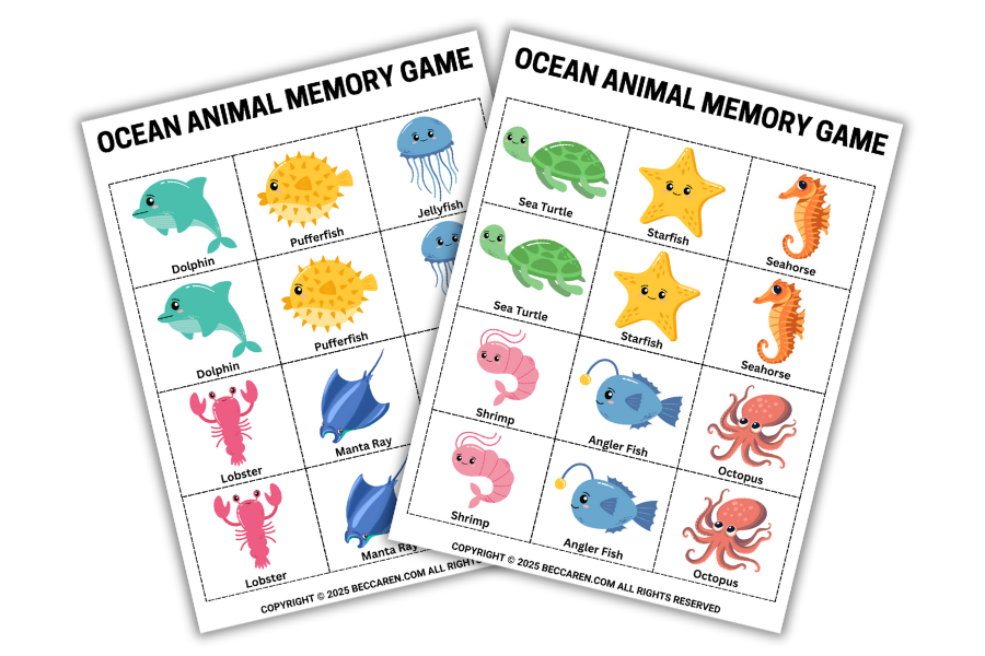 FREE Printable Ocean Animal Matching Game