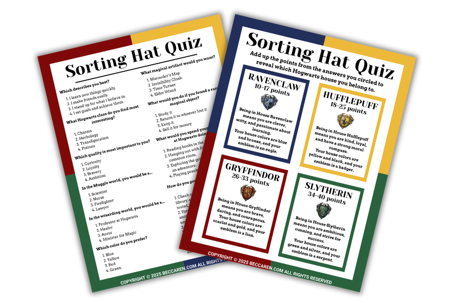 FREE Harry Potter Sorting Hat Quiz Printable